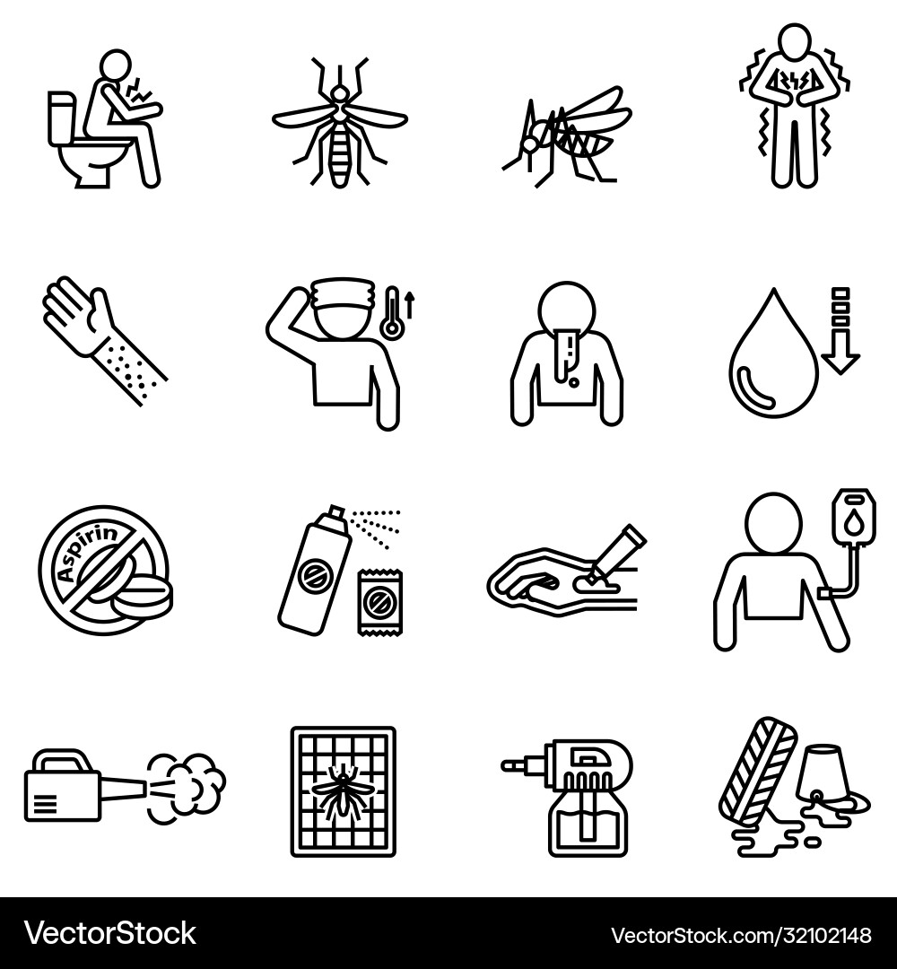 Dengue fever and symptoms with prevention icon set