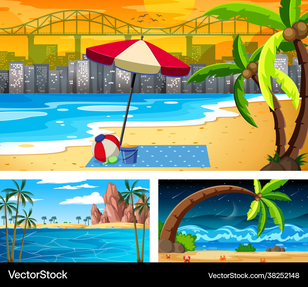 Three different beach landscape scenes Royalty Free Vector