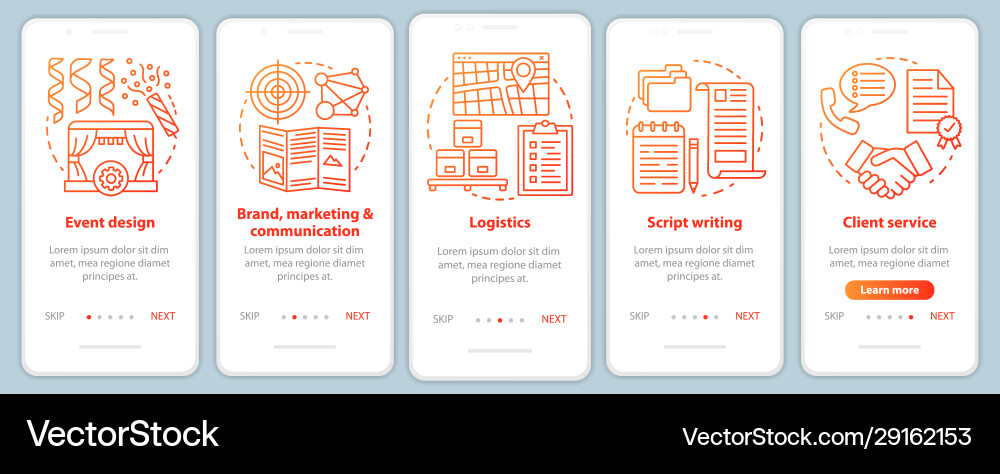 Event management planning onboarding mobile app Vector Image