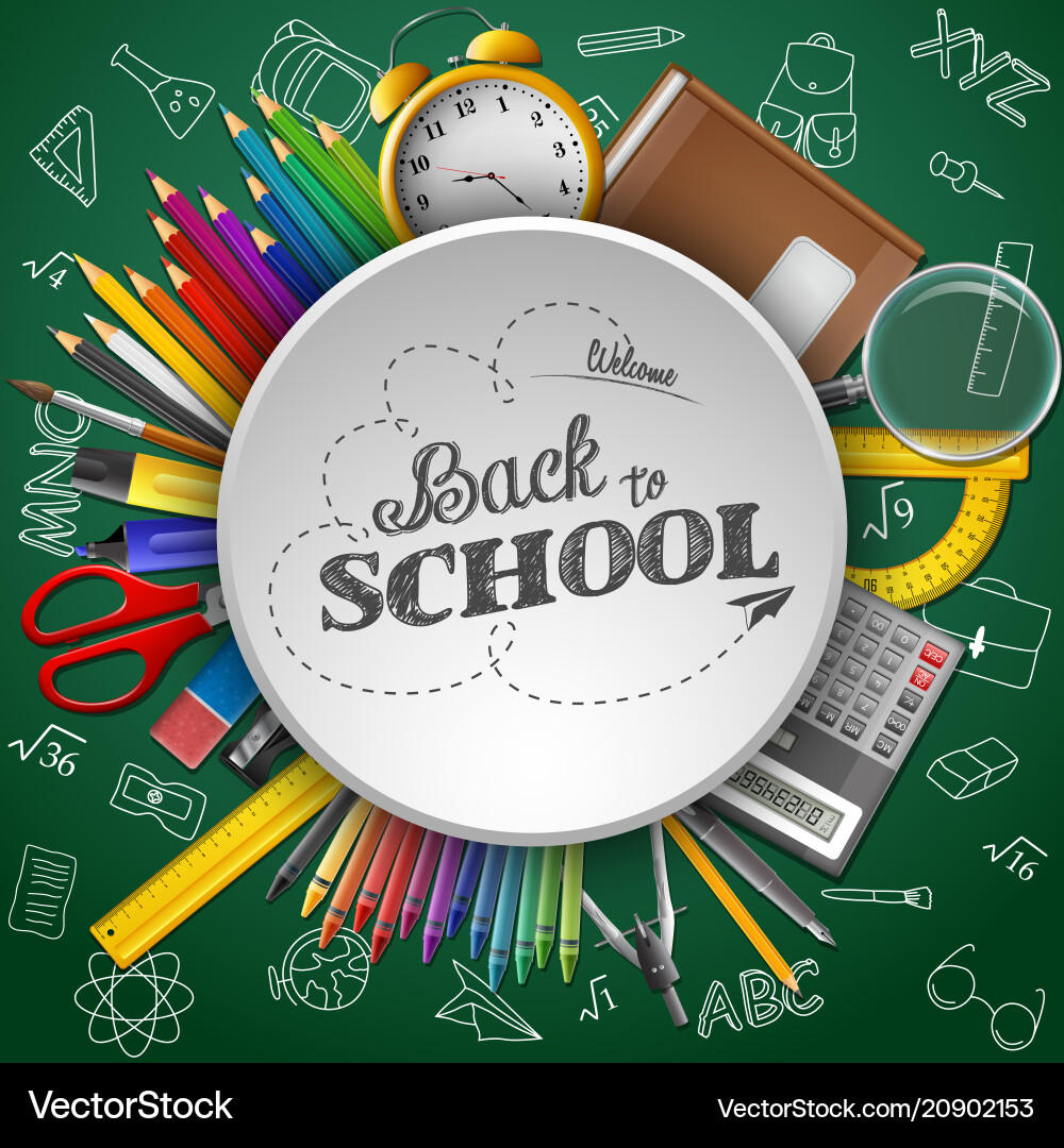 School supplies in a circle on green background Vector Image