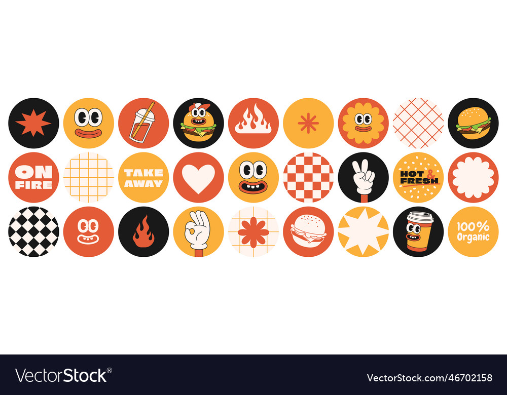 Burger retro cartoon fast food stickers groovy Vector Image
