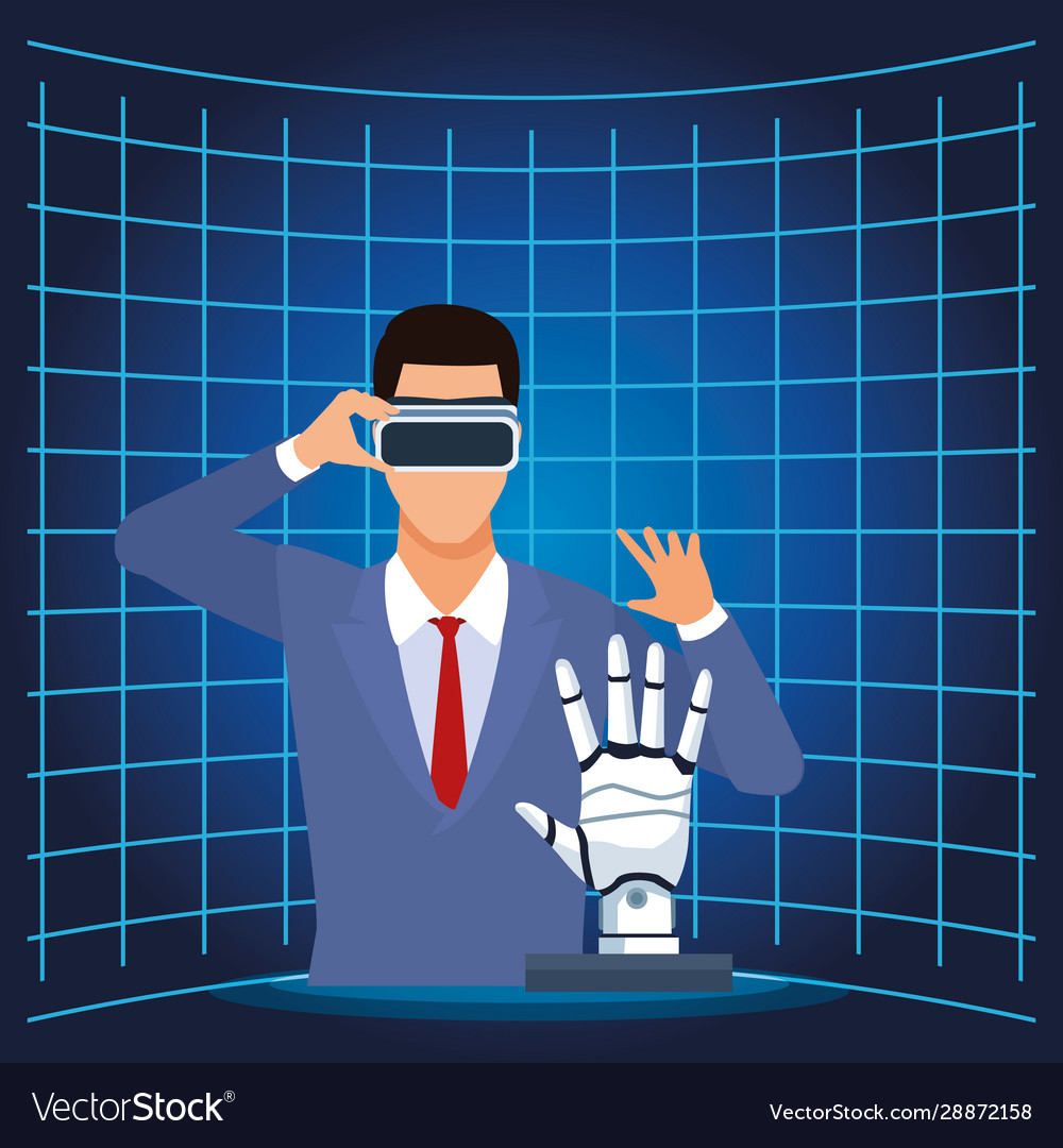 Man using vr goggles and android hand artificial Vector Image