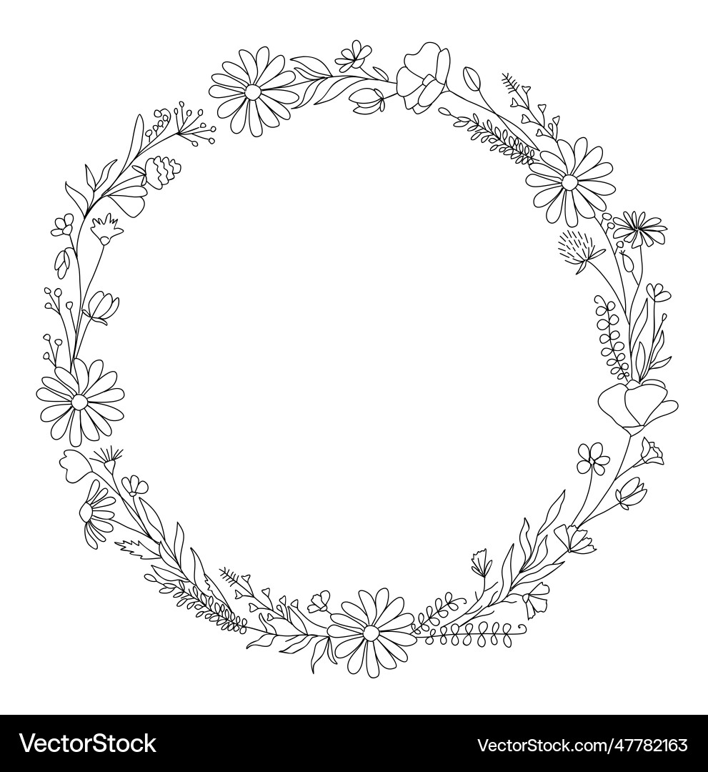 Hand drawn wild flowers wreath line art Royalty Free Vector