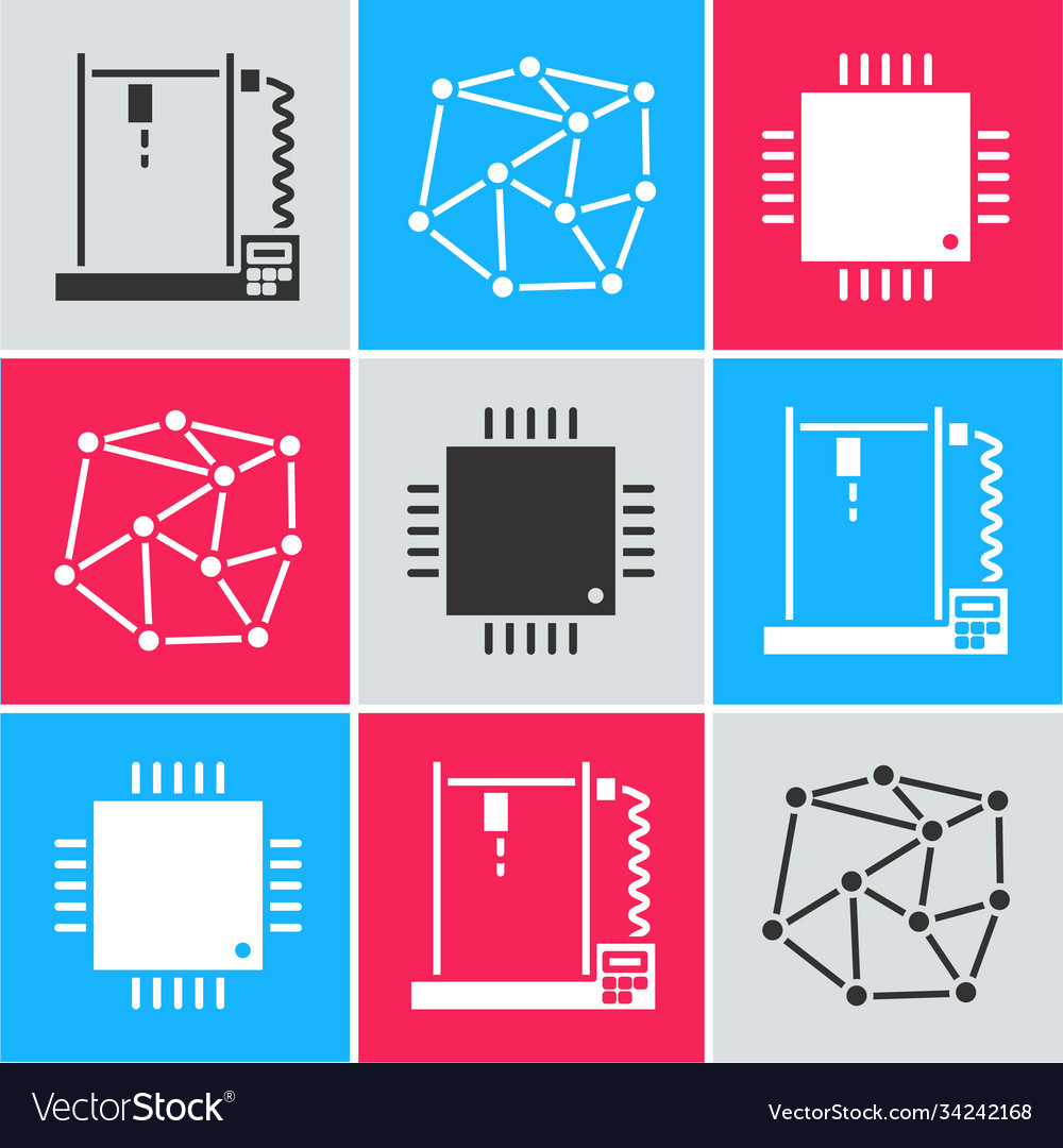 Set 3d printer neural network and processor Vector Image