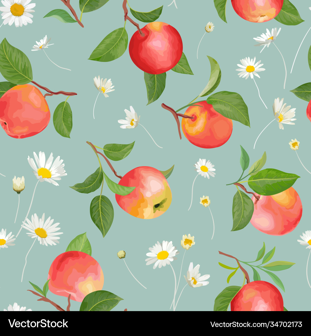 Apple pattern with daisy autumn fruits leaves Vector Image