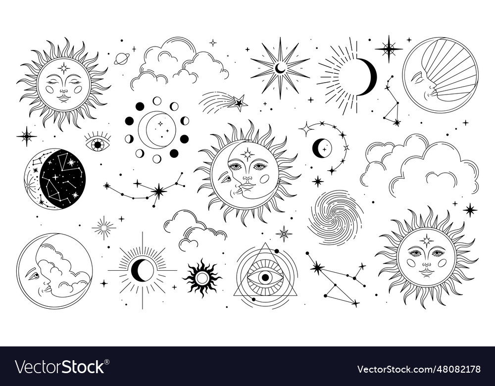 Set of sun moon stars clouds constellations and Vector Image