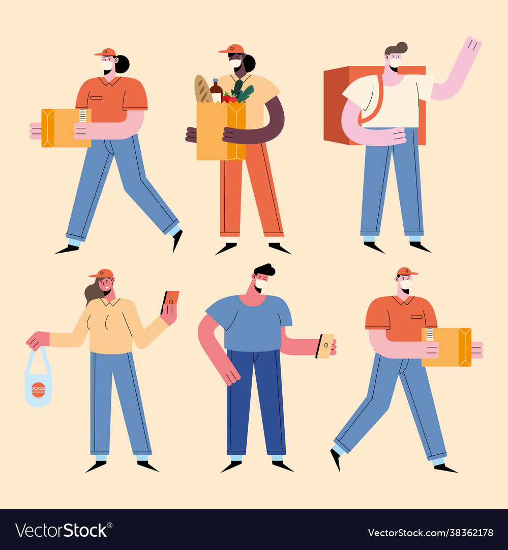 Six delivery workers Royalty Free Vector Image