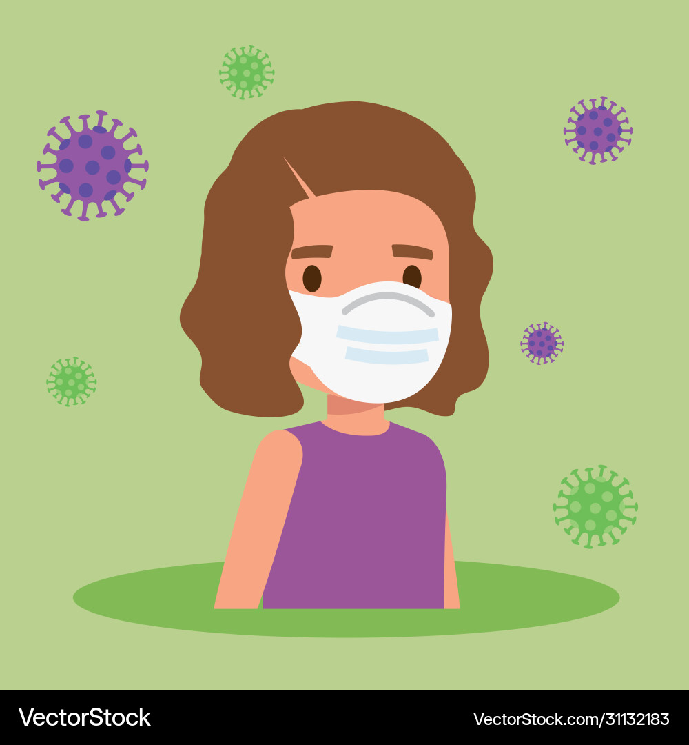 Cute girl using face mask with particles covid19 Vector Image