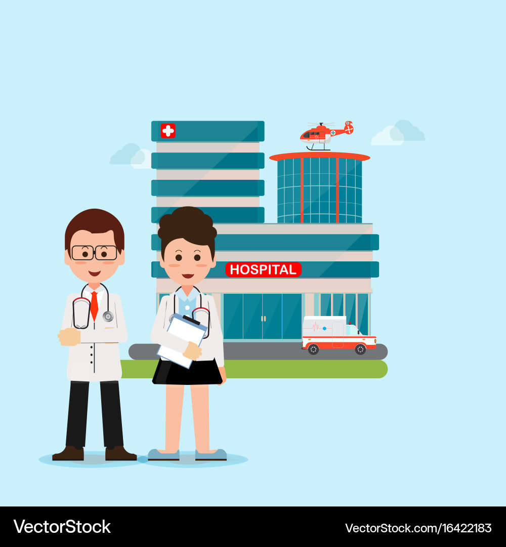 Doctors and nurse standing in front hospital Vector Image