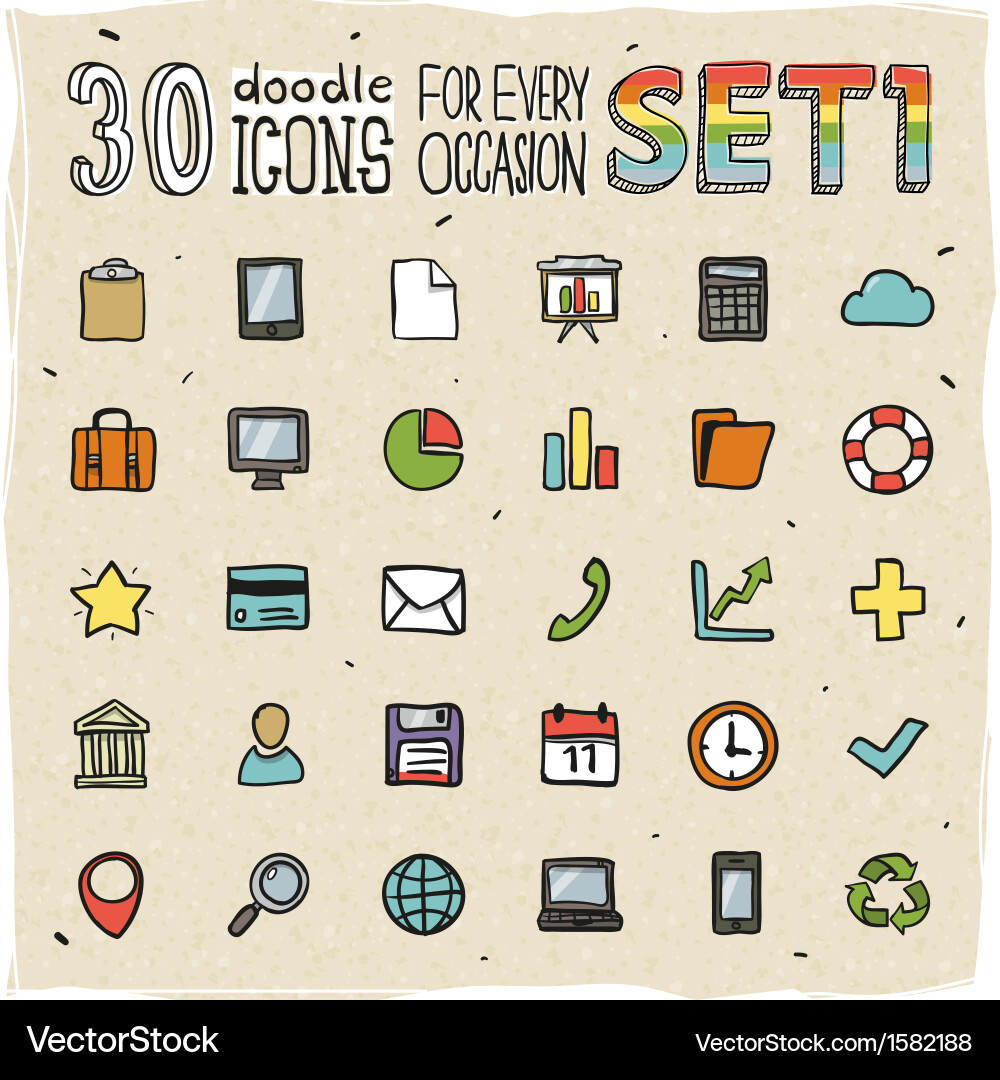 30 colorful doodle icons set 1 Royalty Free Vector Image