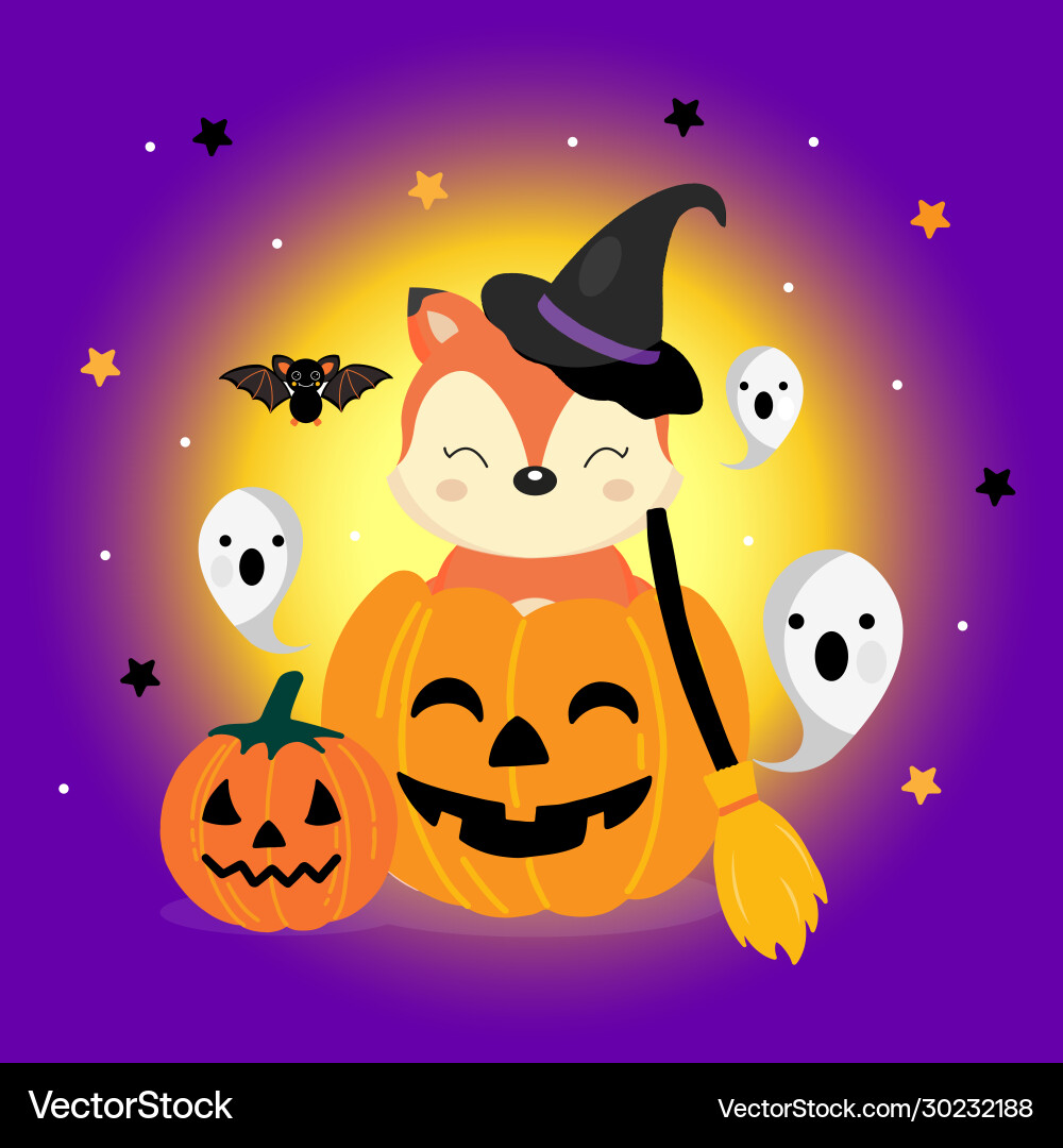 Cute fox in a witch hat in a halloween pumpkin Vector Image
