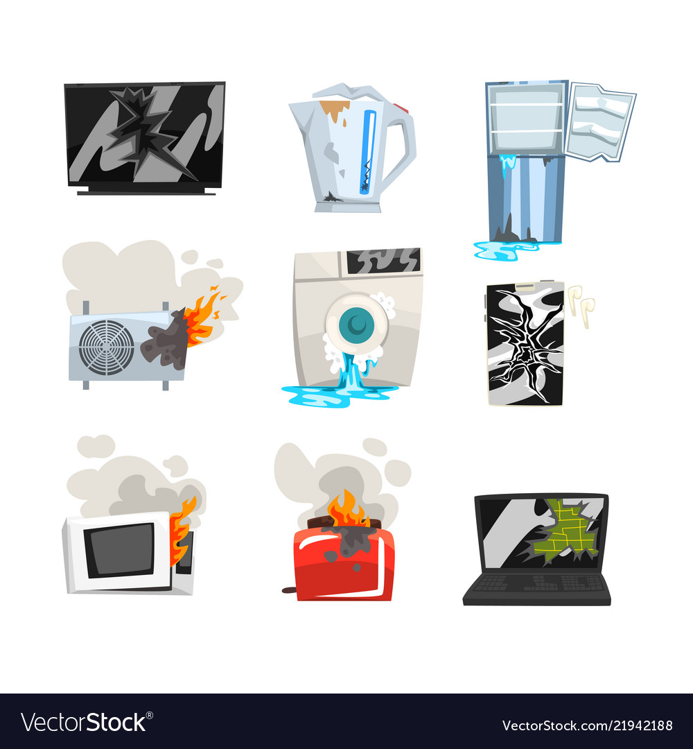 Damaged home appliance set broken tv kettle Vector Image