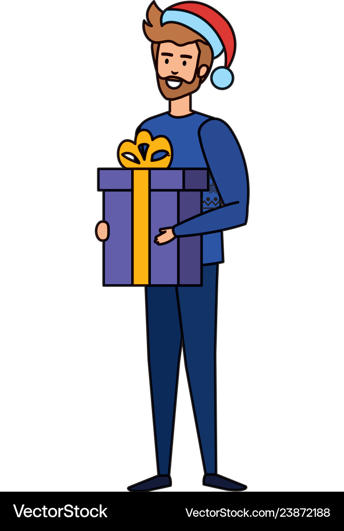 Young man with christmas clothes and gift Vector Image