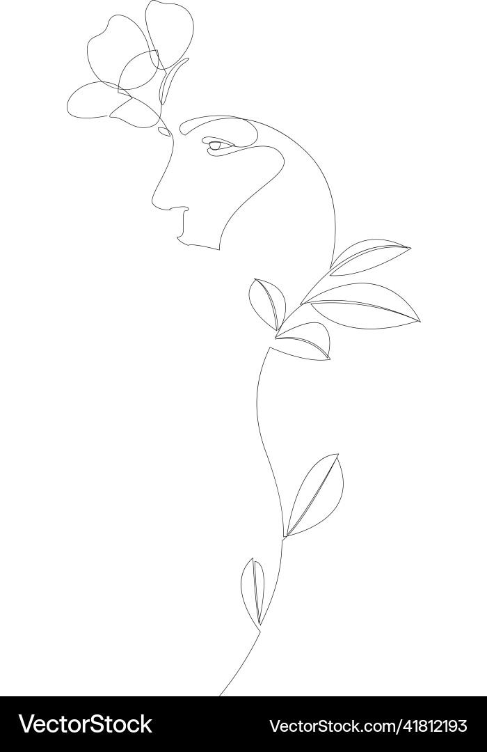 Abstract one line face with flower and leaves Vector Image