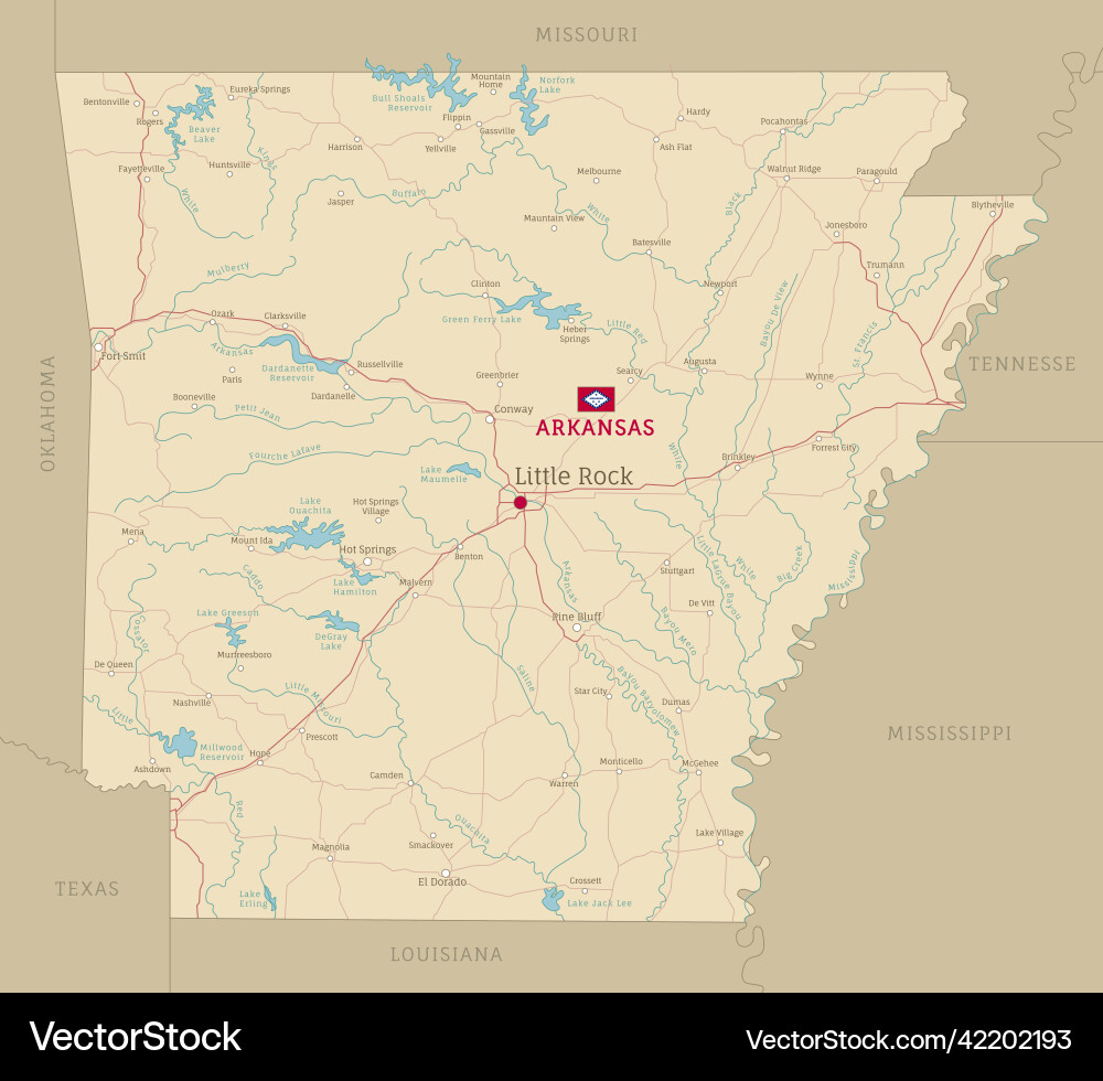 Road map of us american state arkansas Royalty Free Vector