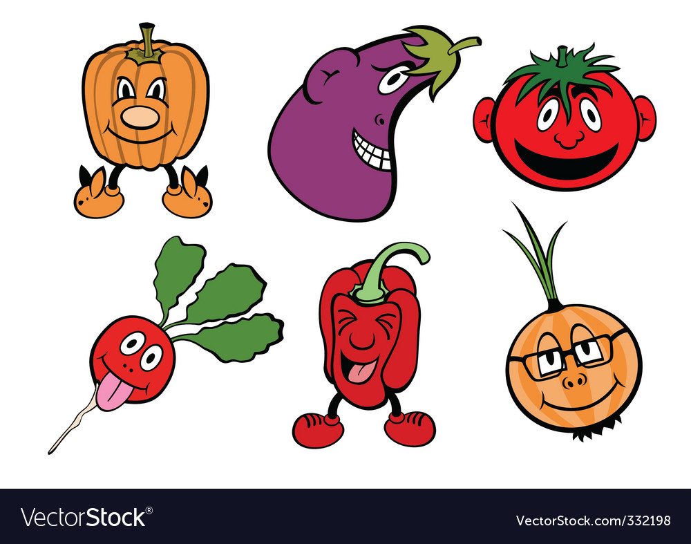 Comic vegetable icons set Royalty Free Vector Image