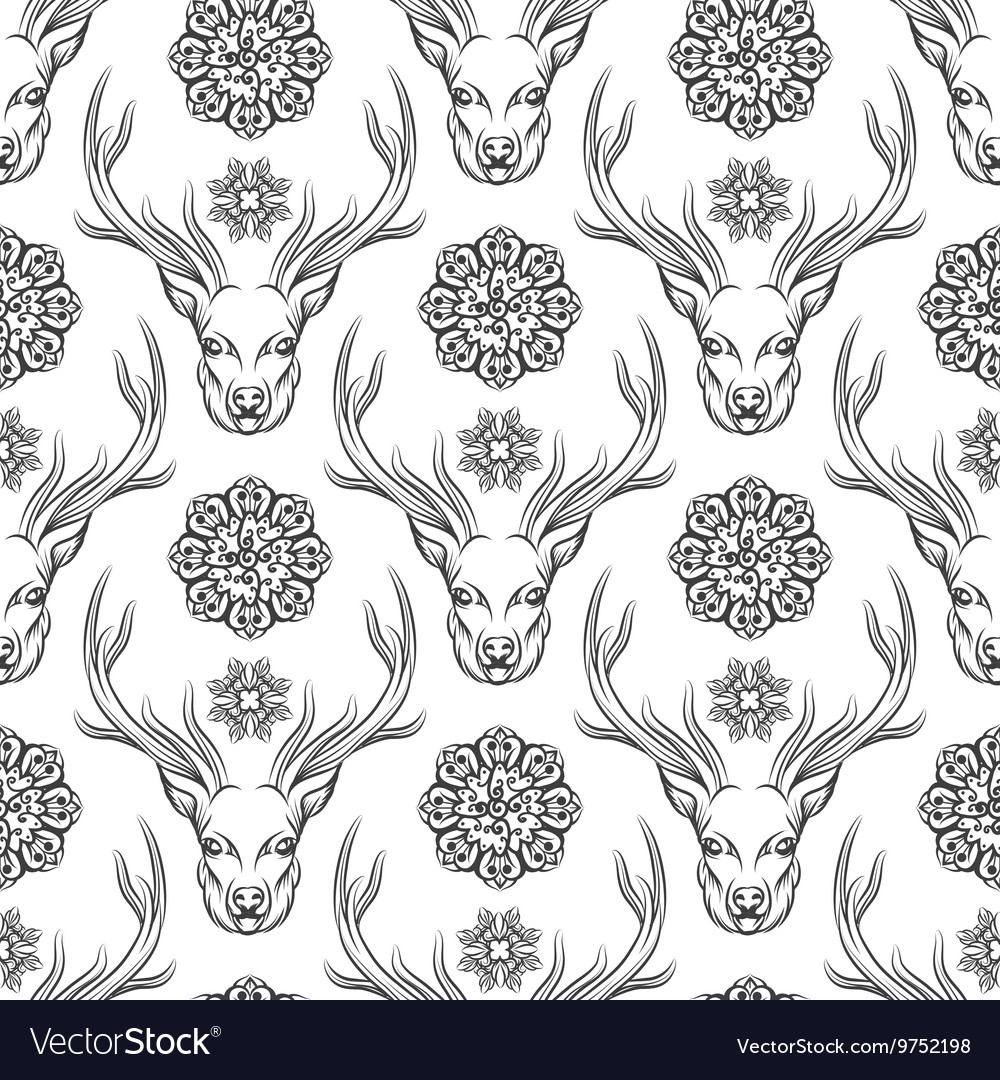 Deer head and flowers seamless pattern Royalty Free Vector
