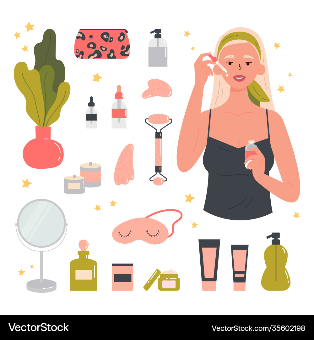 Girl with various cosmetics and accessories Vector Image