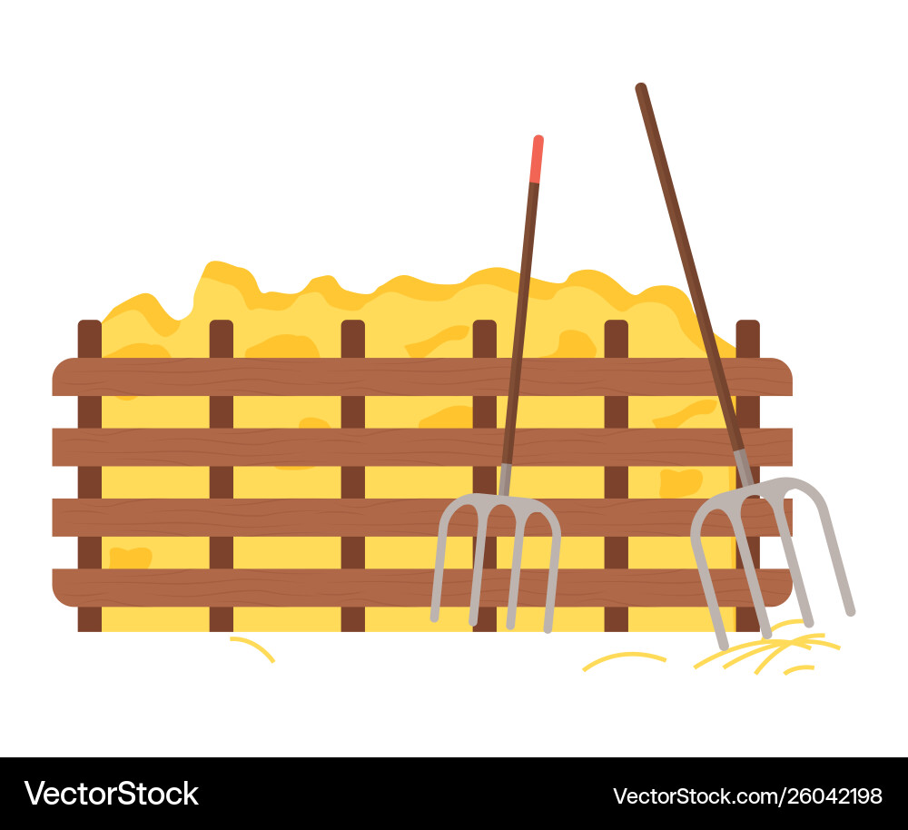 Hay protected with wooden fence hayfork tool Vector Image