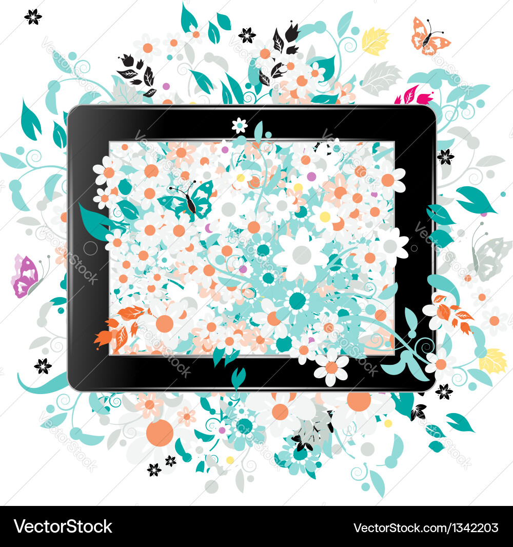 Black abstract tablet pc with floral decoration Vector Image