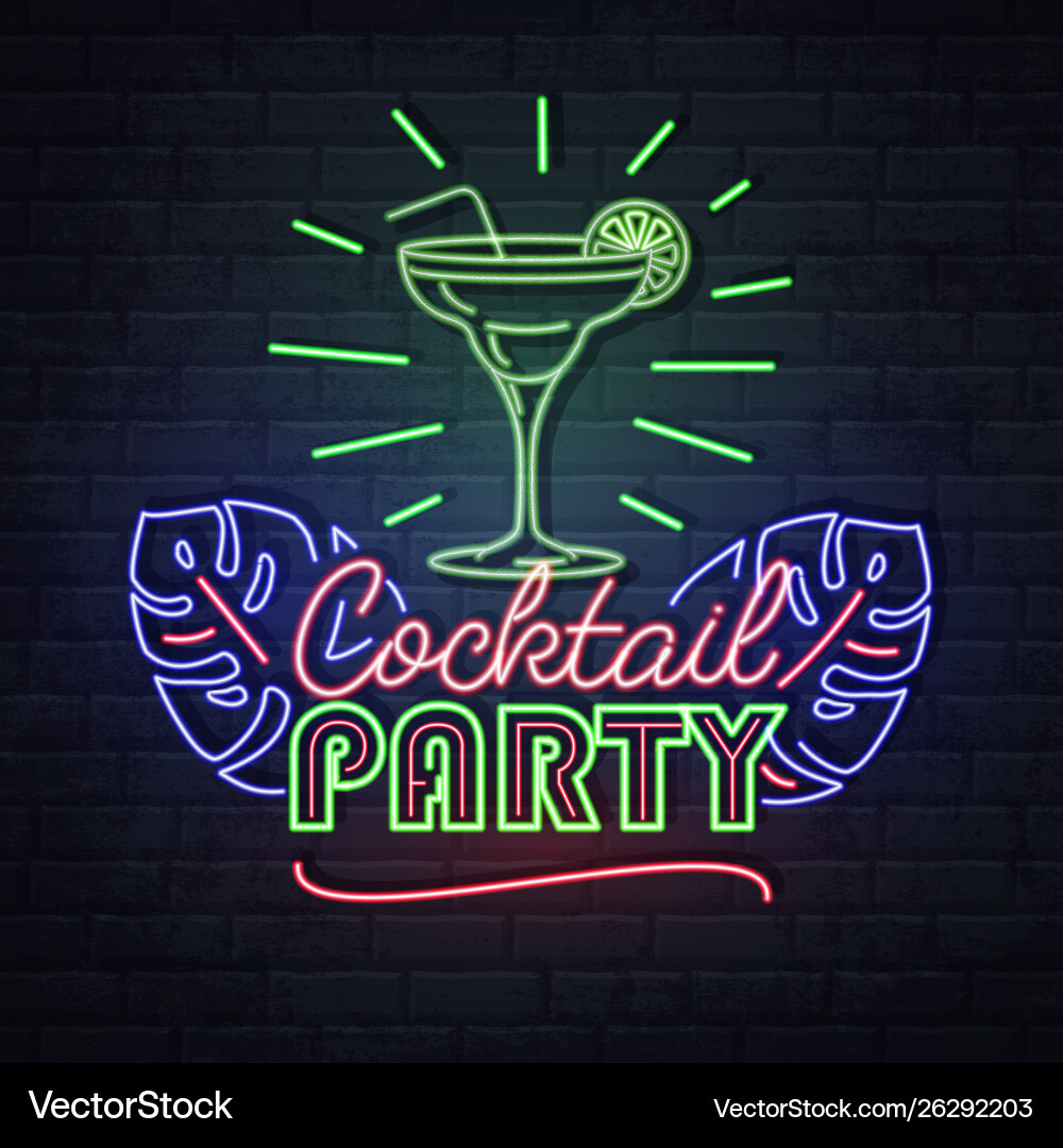 Neon sign summer party with cocktail Royalty Free Vector