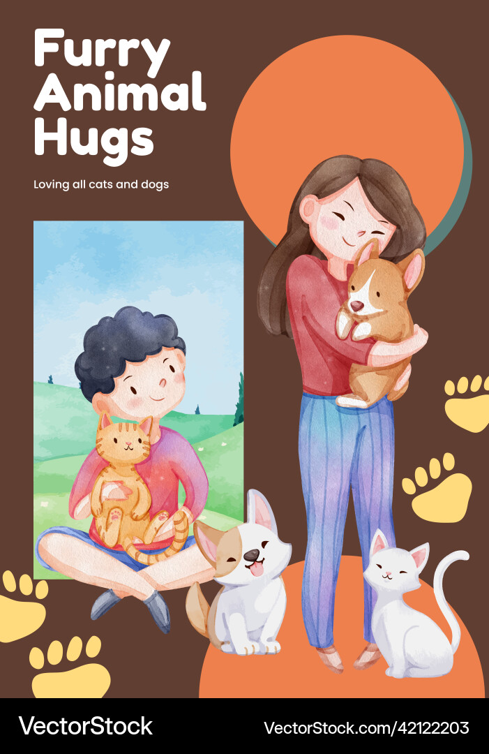 Poster template with cute dog and cat hugging Vector Image