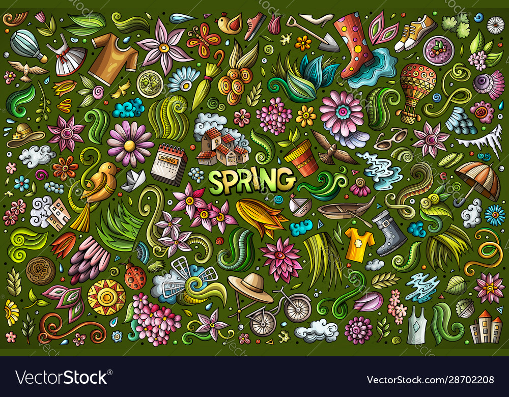 Doodle cartoon set spring objects Royalty Free Vector Image
