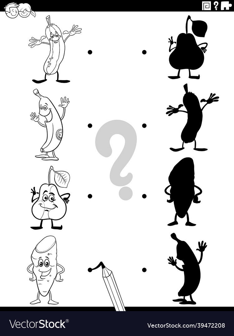 Shadow game with cartoon fruits and vegetables Vector Image