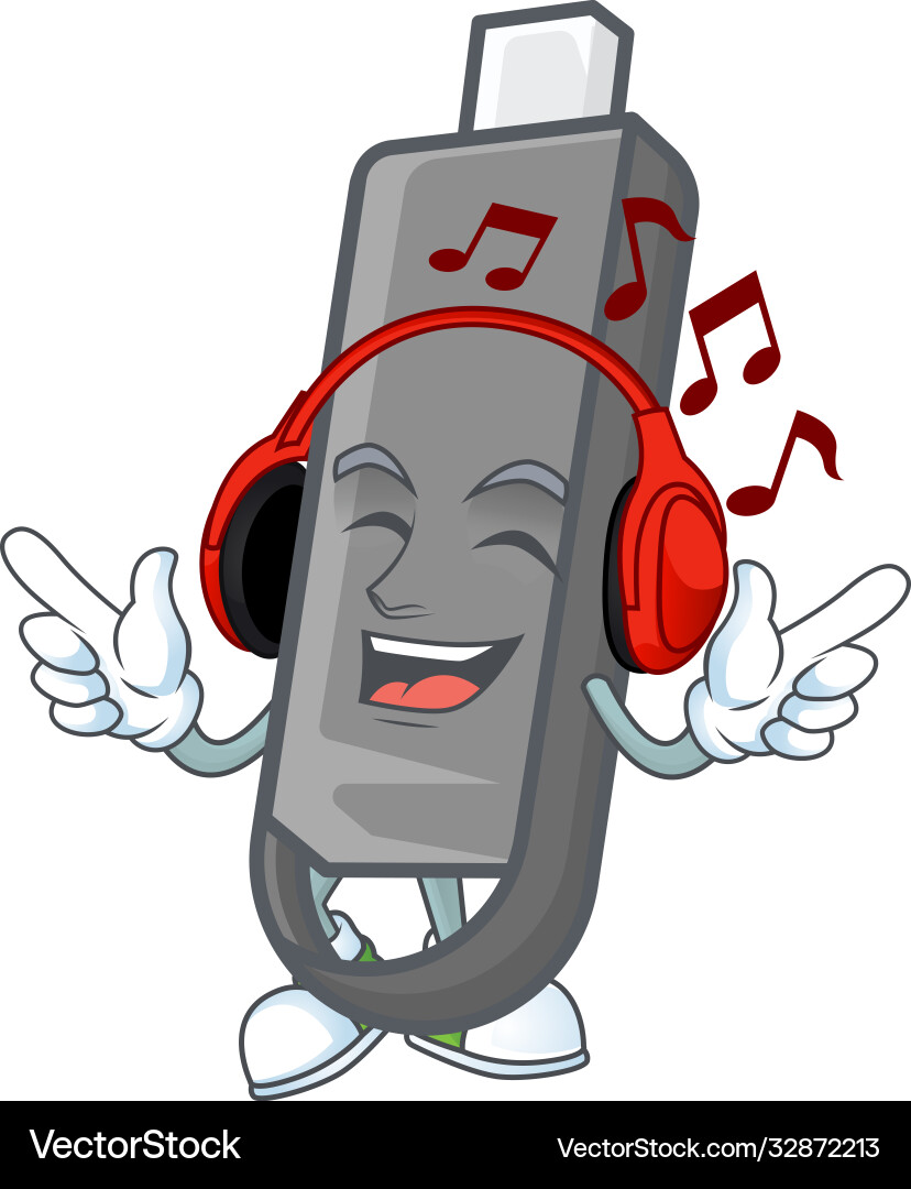Flashdisk cartoon listening music on a headset Vector Image