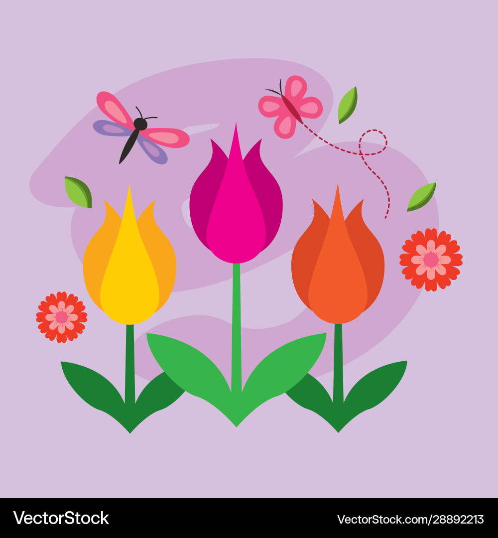 Hello spring poster with flowers and insects Vector Image