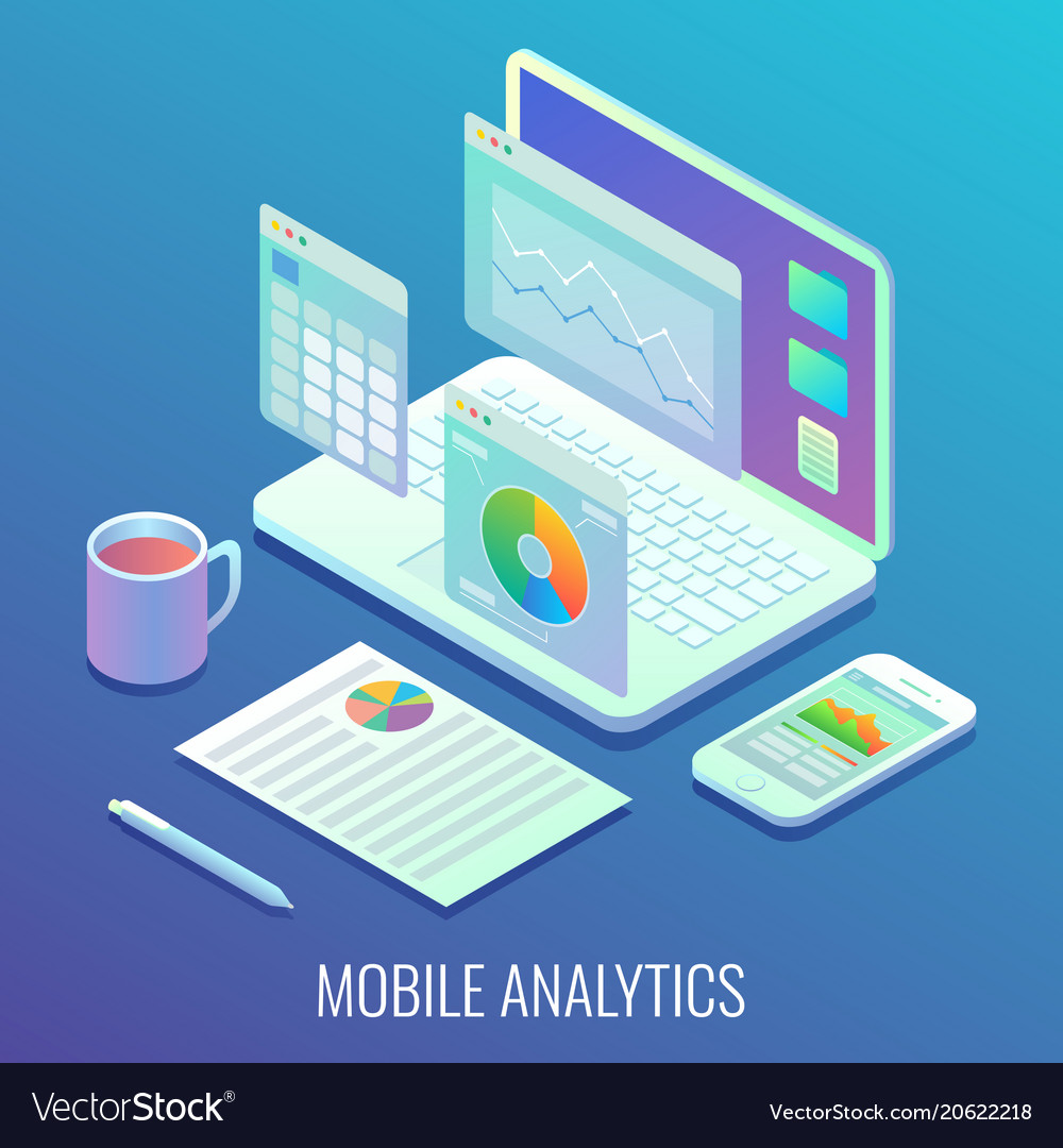 Mobile web analytics concept flat isometric Vector Image