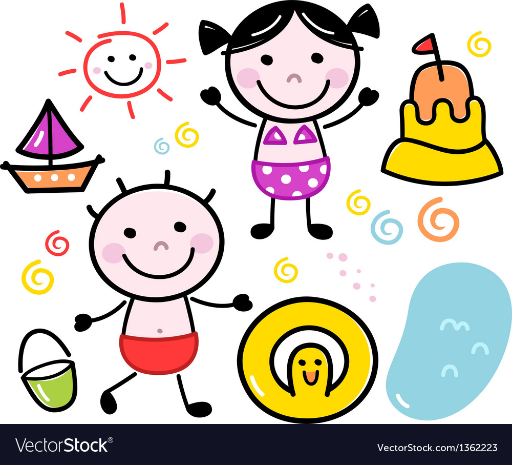 Cute summer doodle kids set isolated on white Vector Image