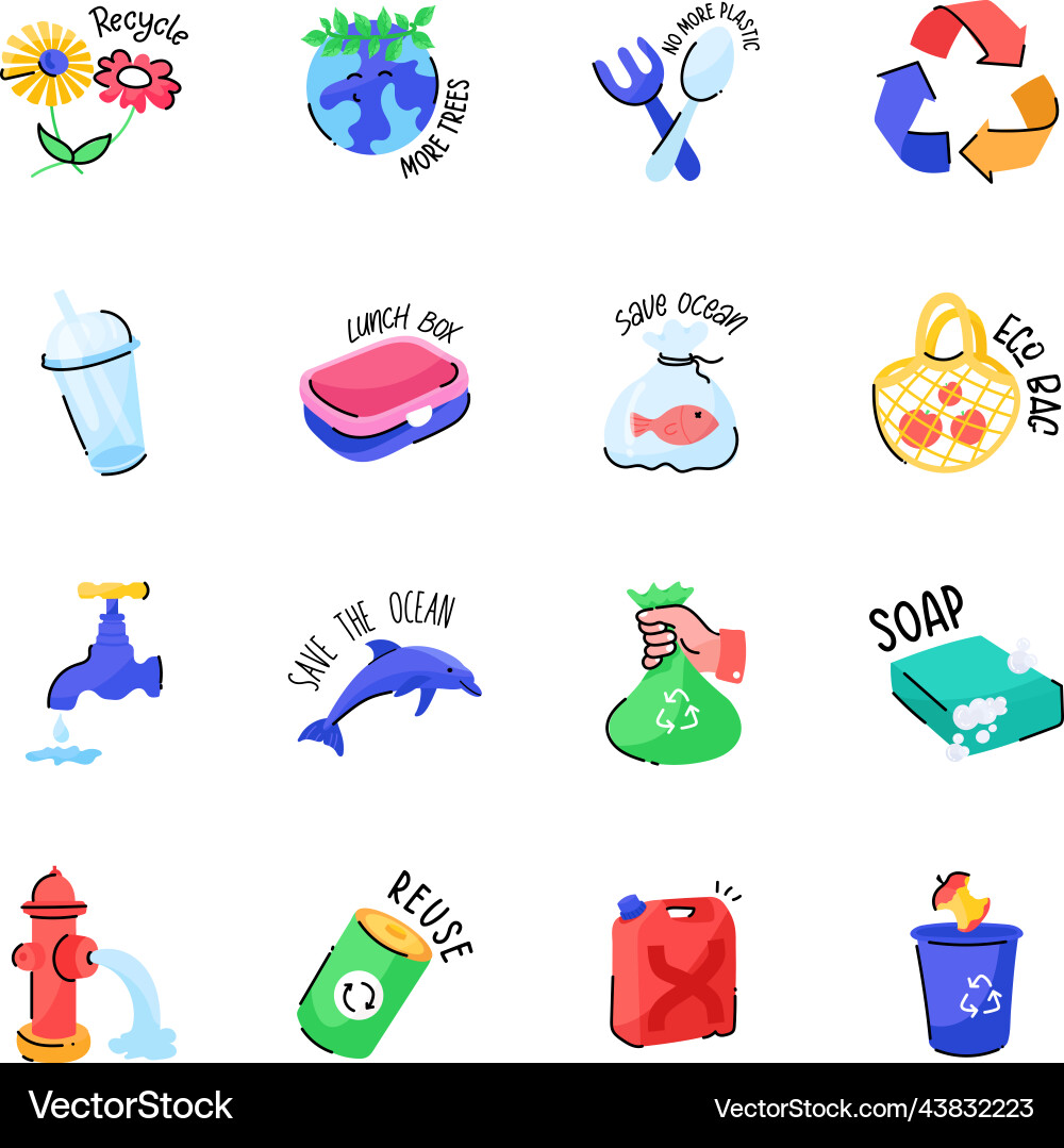 Pack of recycling process doodle stickers Vector Image