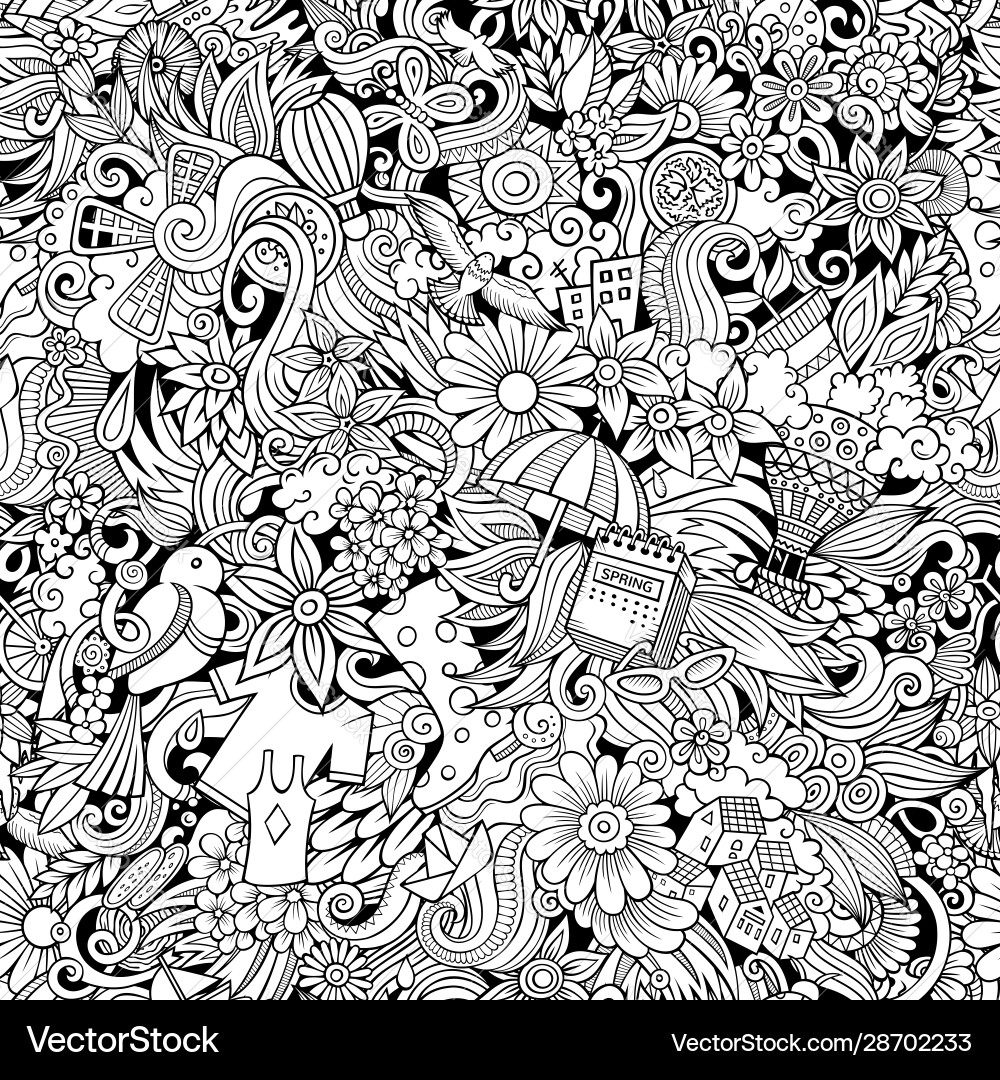 Cartoon cute doodles hand drawn spring seamless Vector Image