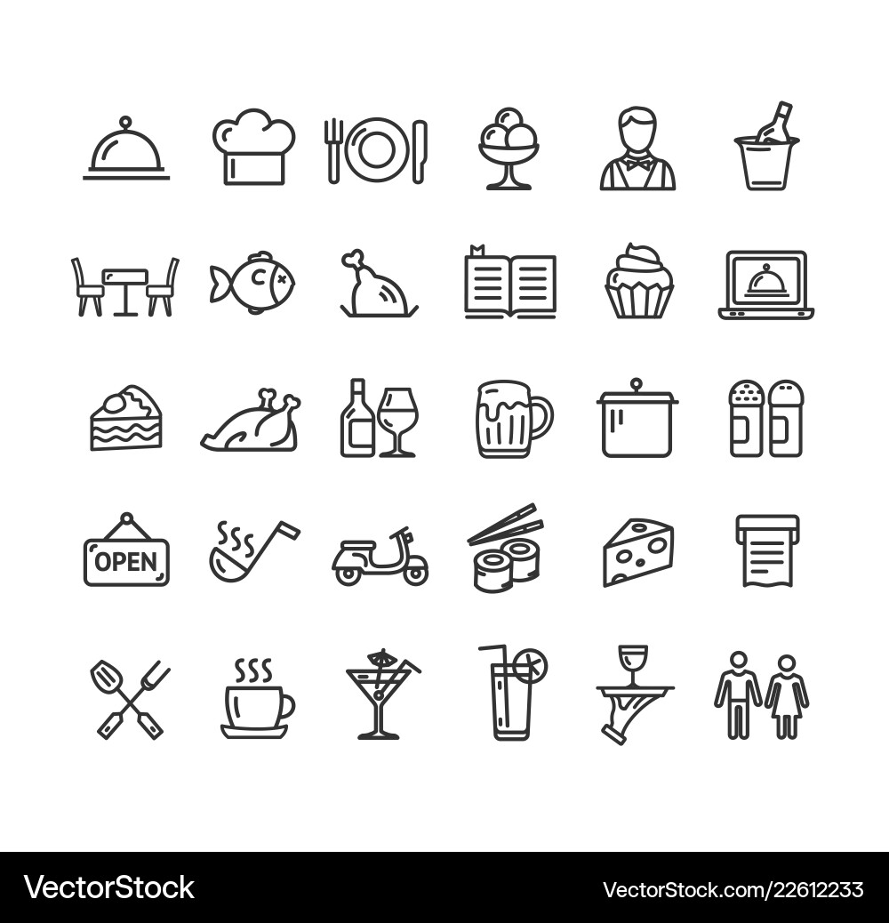 Restaurant service signs black thin line icon set Vector Image