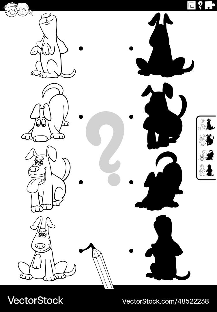 Shadow game with cartoon dog characters coloring Vector Image