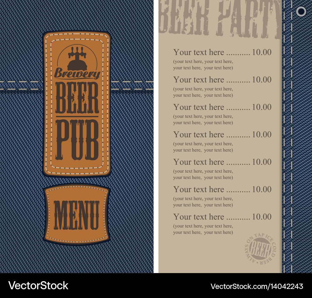 Menu for beer pub on denim background with price Vector Image