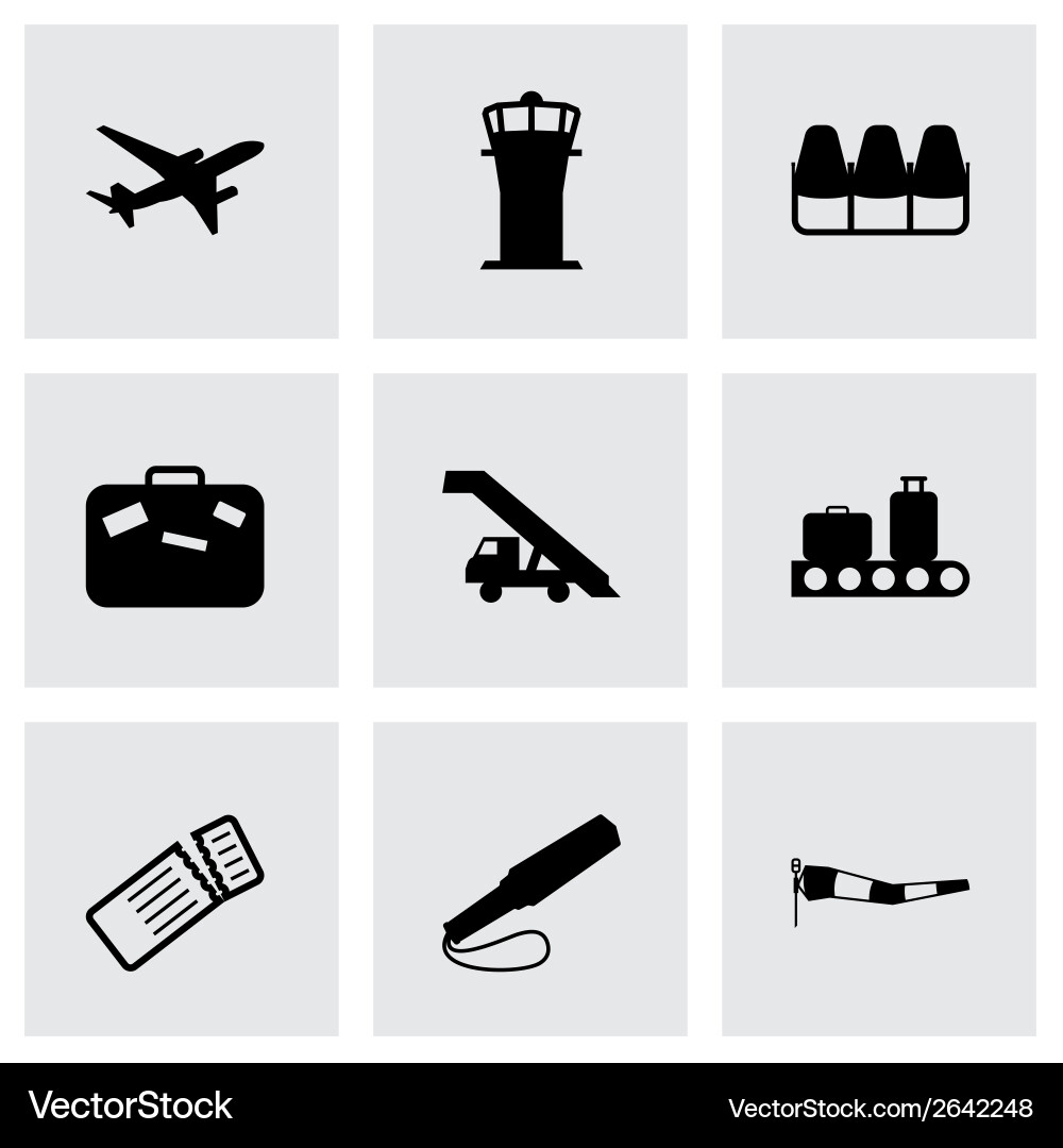 Black airport icons set Royalty Free Vector Image