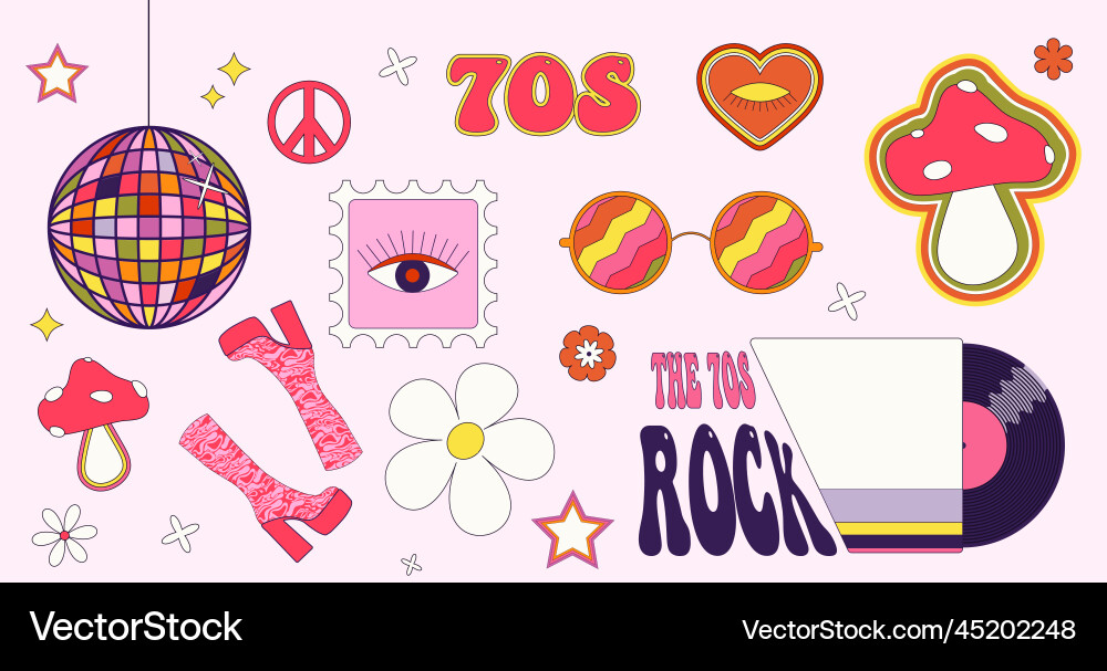 Groovy 70s sticker set disco ball high boots Vector Image