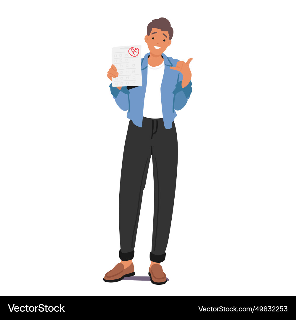 Ecstatic male student character proudly displays Vector Image