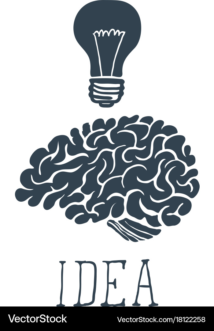 Hand drawn brain with idea lettering and light Vector Image