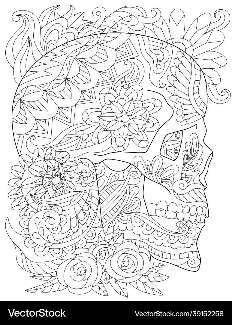 Tattoo skull line drawing surrounded by pretty Vector Image