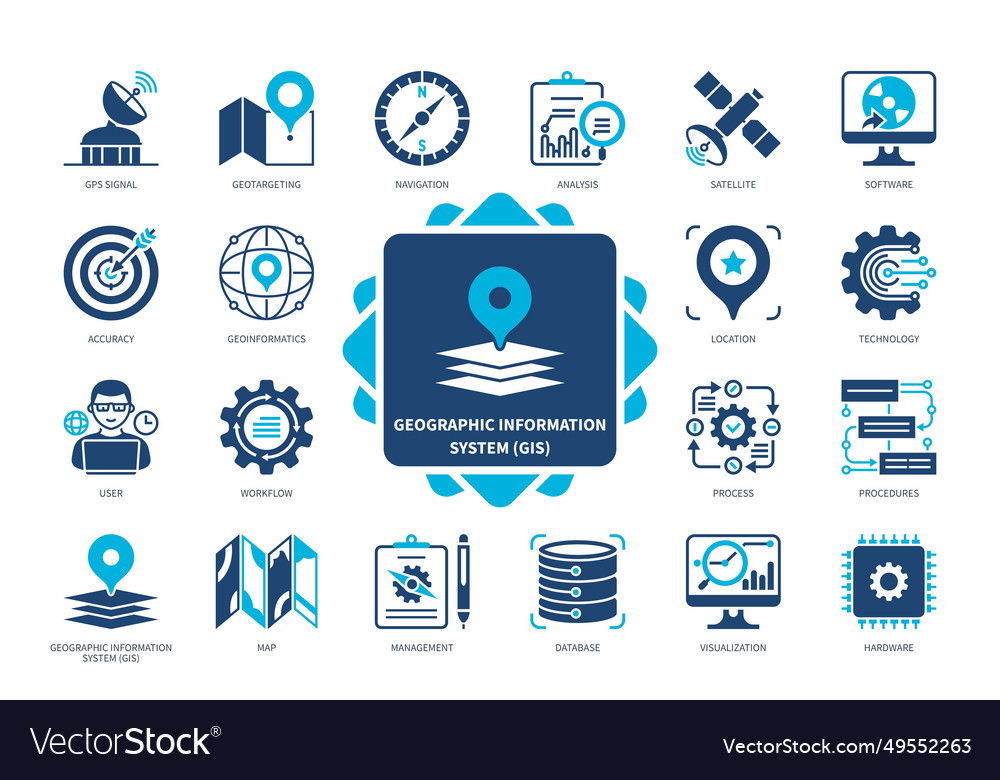 Geographic information system solid icon set Vector Image