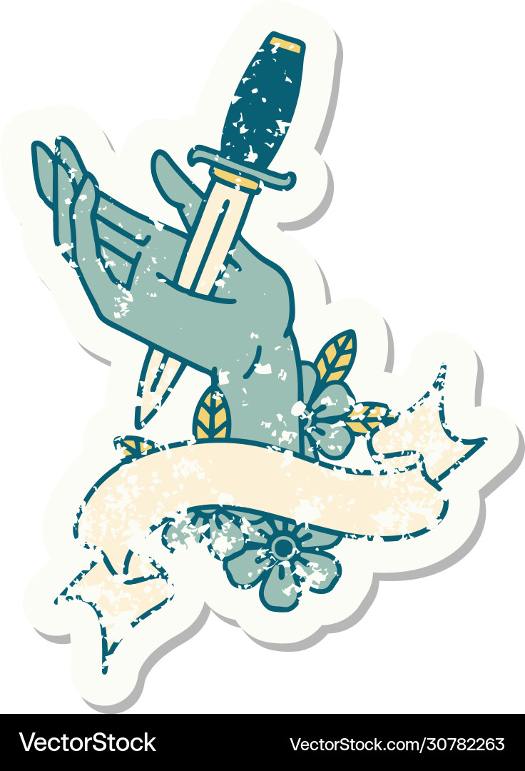 Grunge sticker with banner a dagger in hand Vector Image