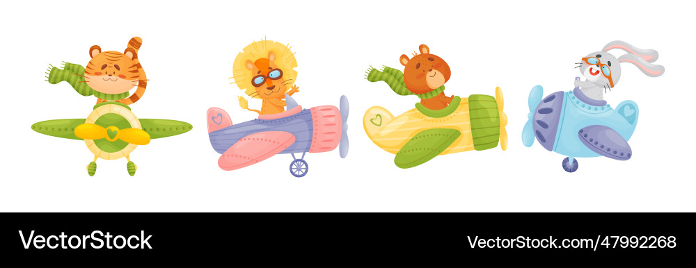 Cute baby animals pilot flying plane set Vector Image