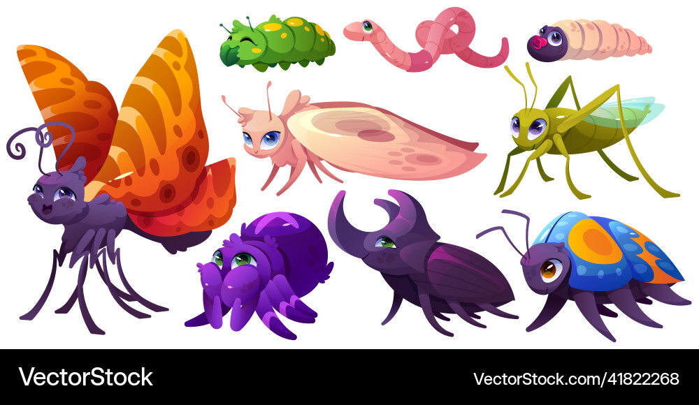Cute insect characters butterfly spider beetles Vector Image