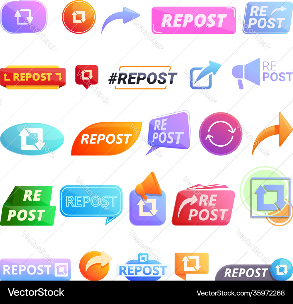 Repost icons set cartoon style Royalty Free Vector Image