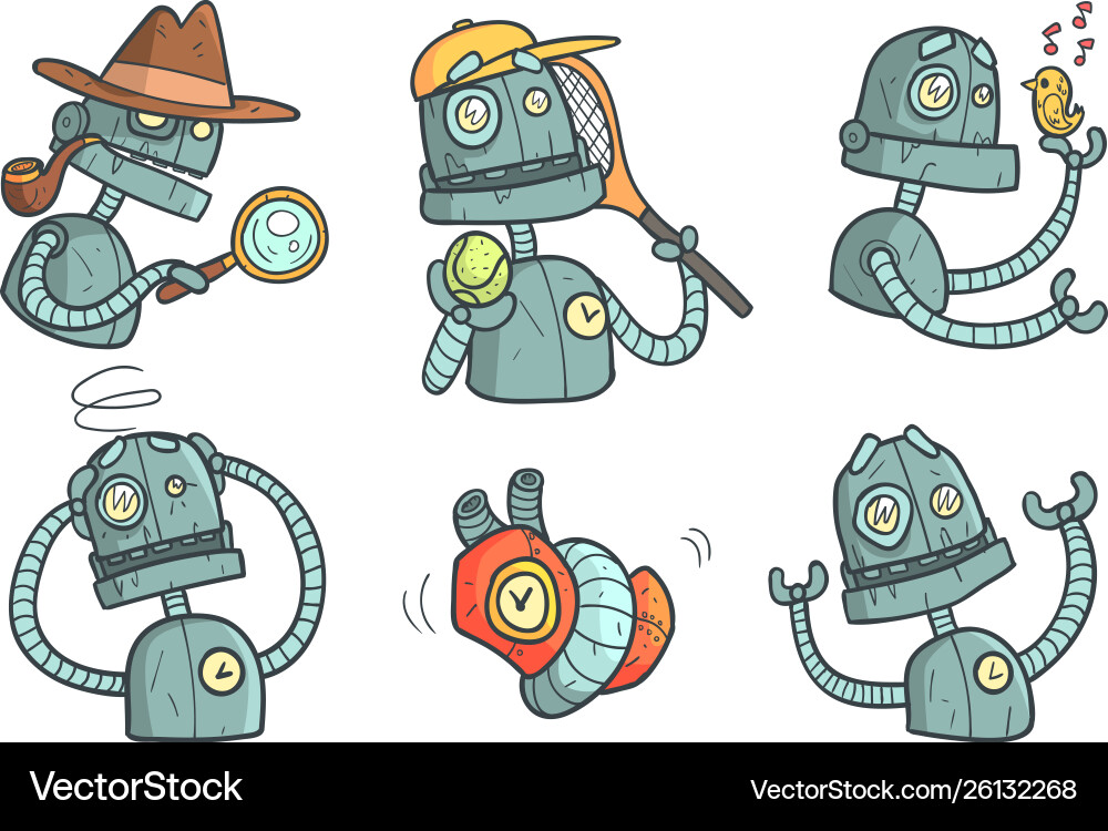Set with metal robot with different emotions Vector Image