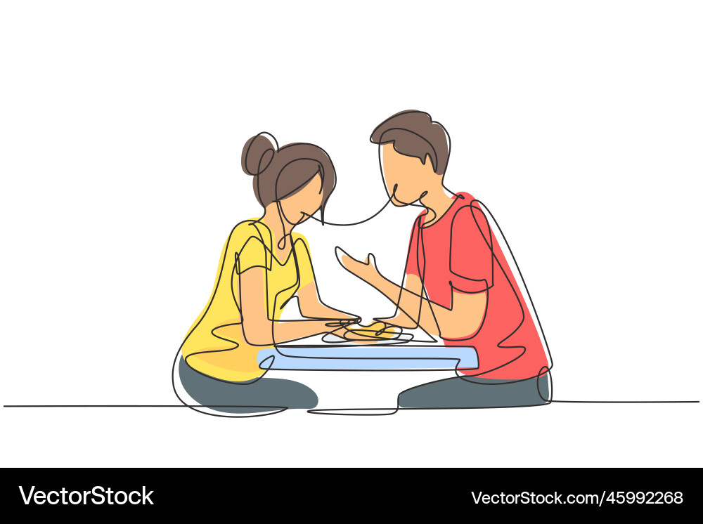 Single one line drawing young couple eating Vector Image