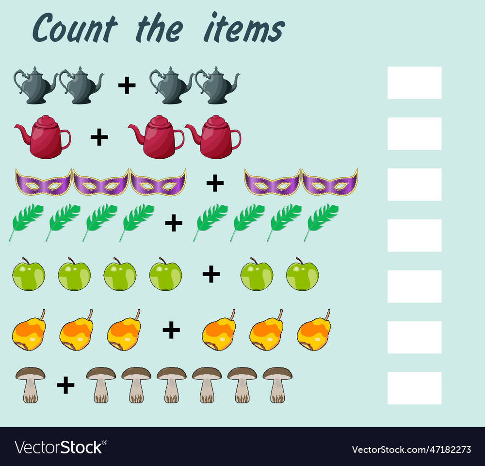 Worksheet count items template in mathematics Vector Image